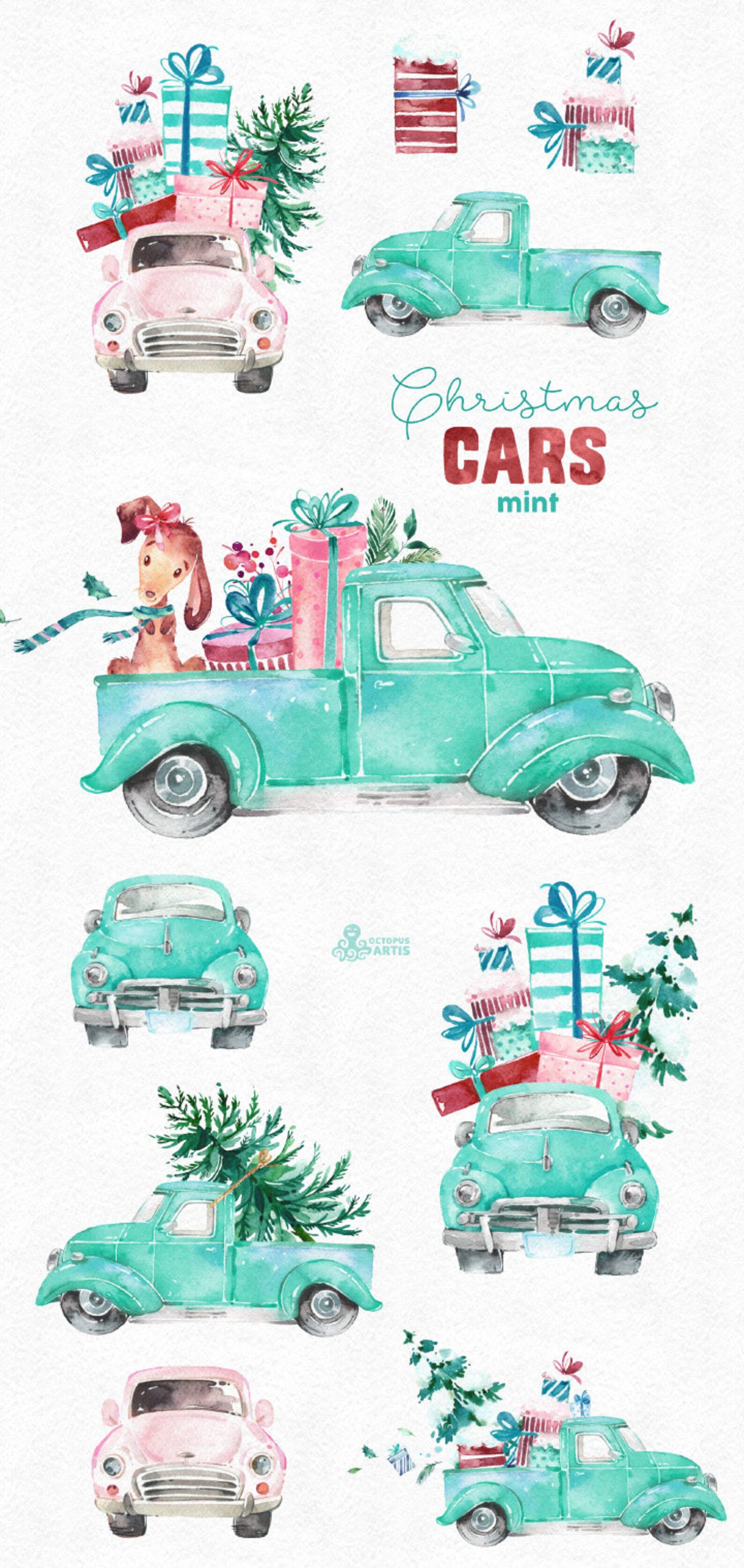 Christmas Cars Mint. Watercolor Holiday Clipart Vintage - Etsy