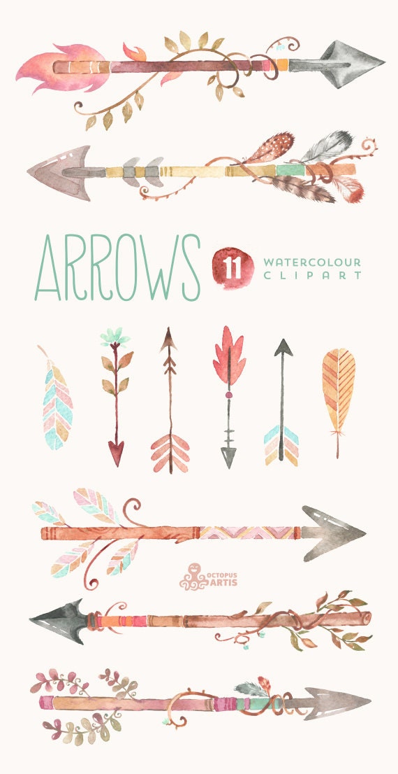 Arrows Watercolor Clipart. 11 Hand Painted Elements Feathers - Etsy