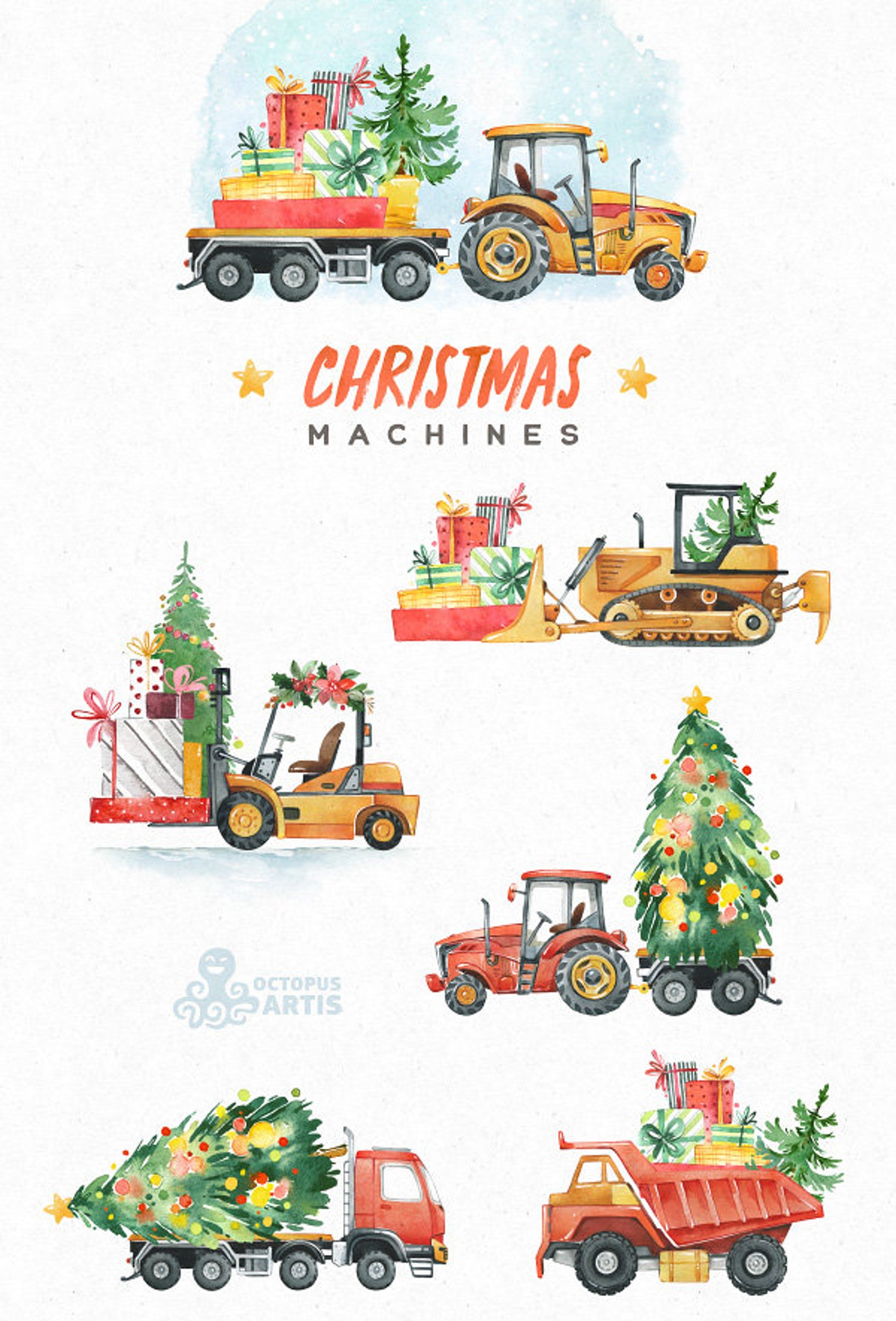 Christmas Machines. Watercolor Holiday Clipart Forklift - Etsy