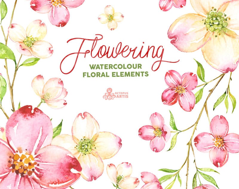 Flowering Elements. Watercolor clipart flowers leaves | Etsy