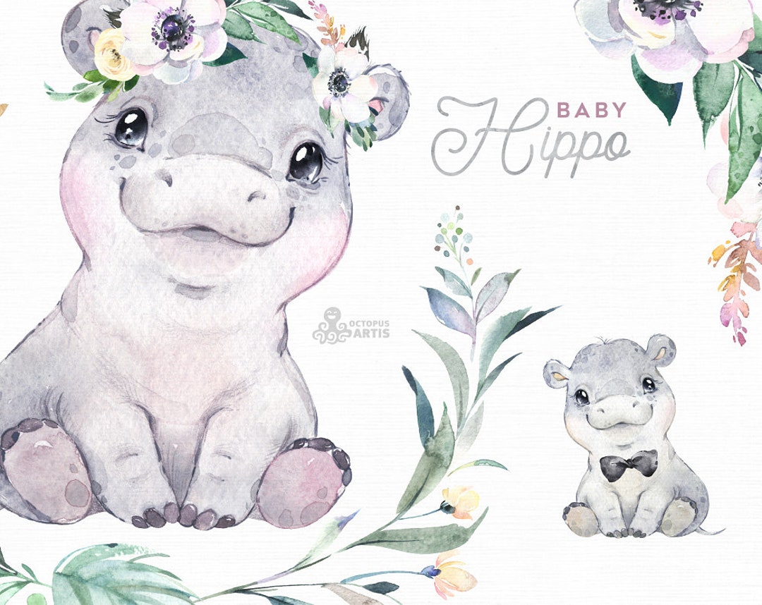 Baby Hippo. Watercolor Little Animal Clipart, Babies, Flowers, Safari ...
