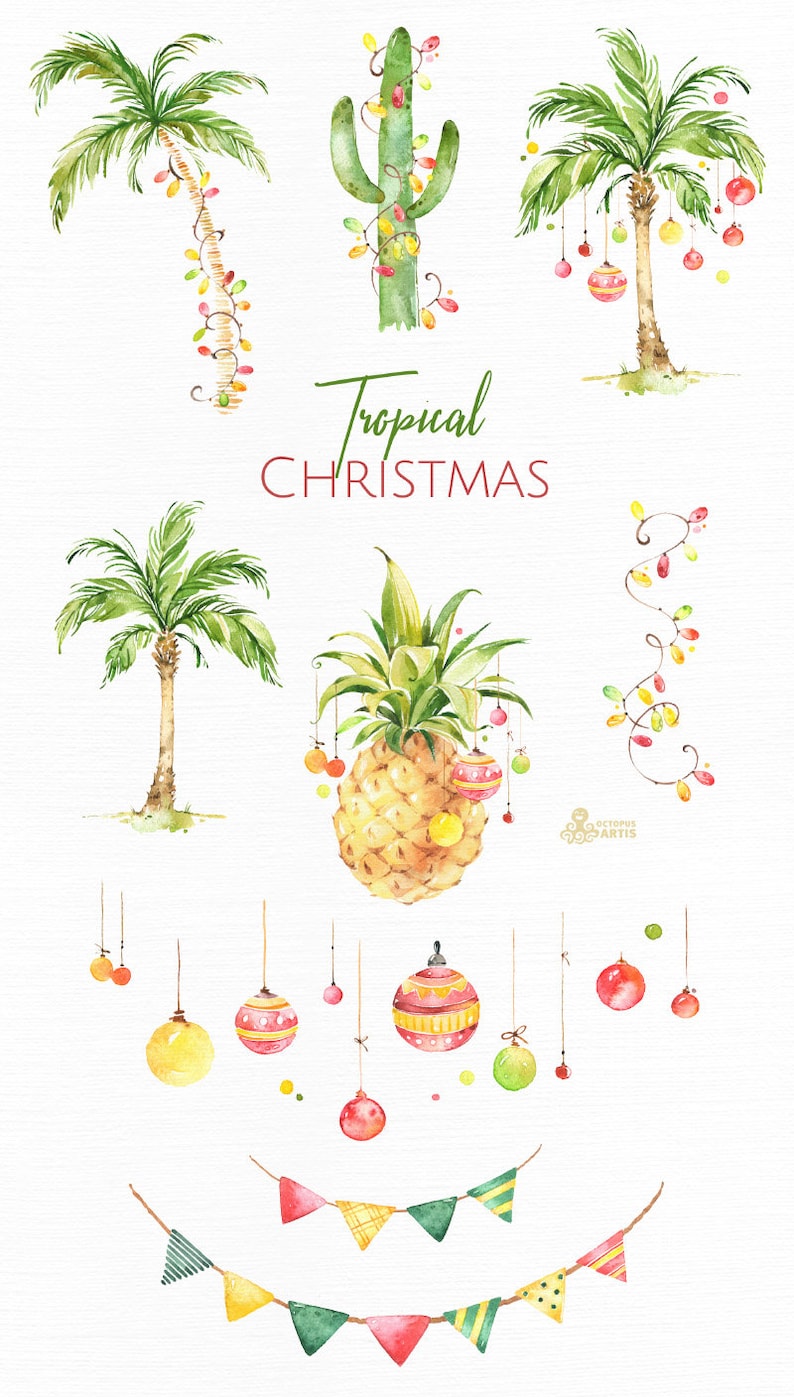 Tropical Christmas. Watercolor Holiday Clipart Palms Cactus - Etsy ...
