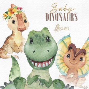 Baby Dinosaurs. Watercolor Animals Clipart, T-rex, Dilophosaurus, Kid ...
