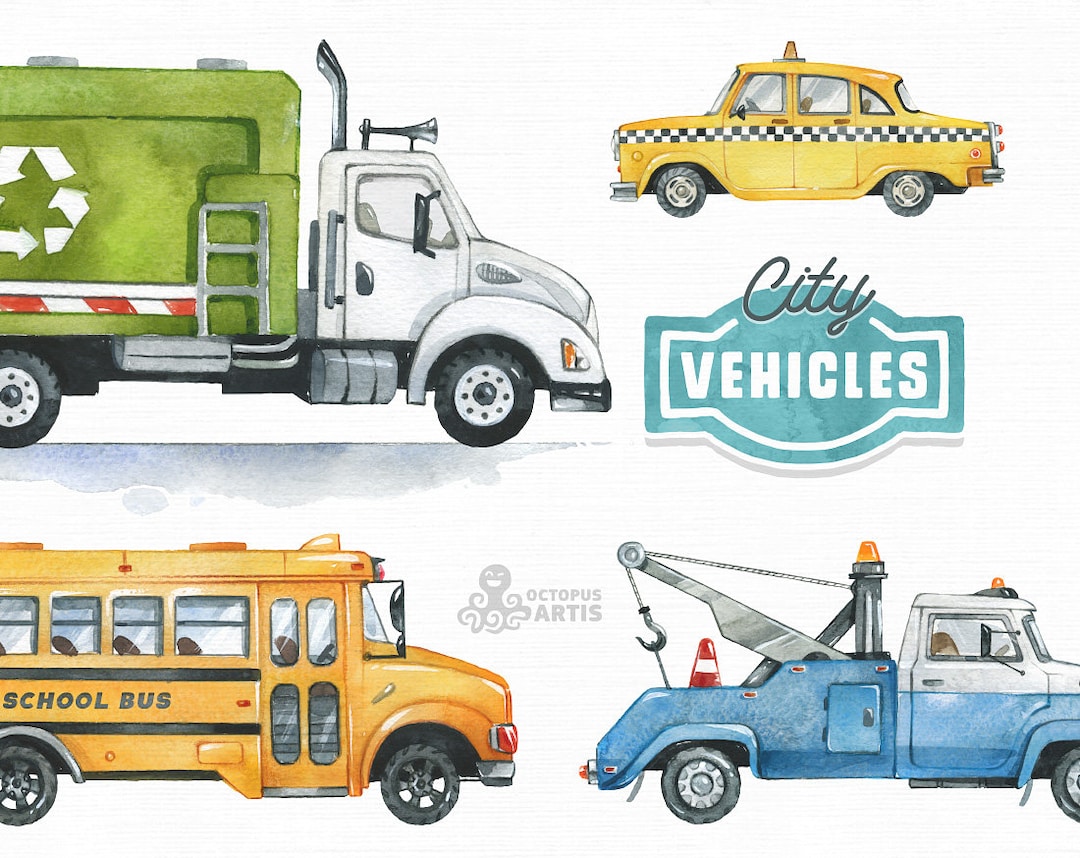 City Vehicles. Watercolor Clipart, Garbage Truck, School Bus, Taxi, Tow ...