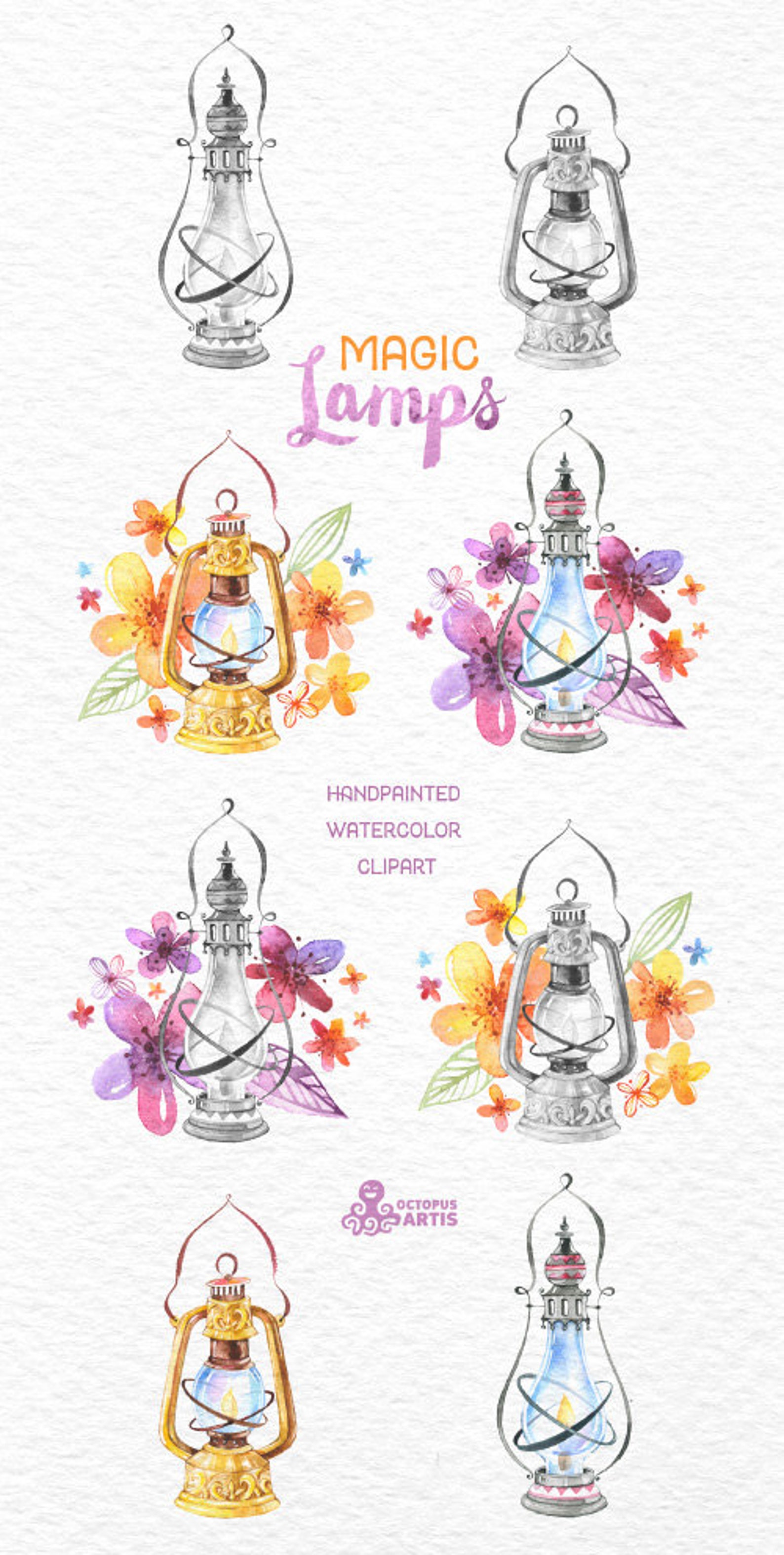 Magic Lamps. Watercolor Handpainted Clipart, Oil Lamps, Flowers, Leaves ...