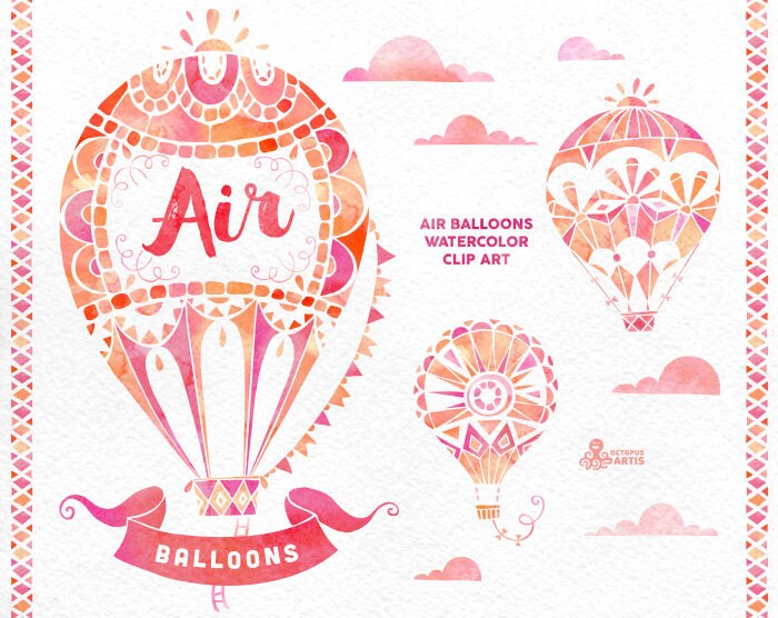 Air Balloons. Watercolor handpainted clipart hot air ballon | Etsy