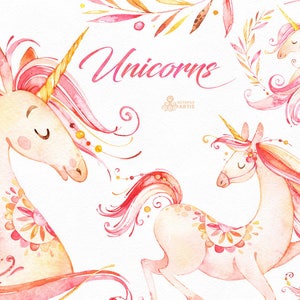 Unicorns. Magical Watercolor Clipart. Fairytale, Fantasy, Gold, Horse ...