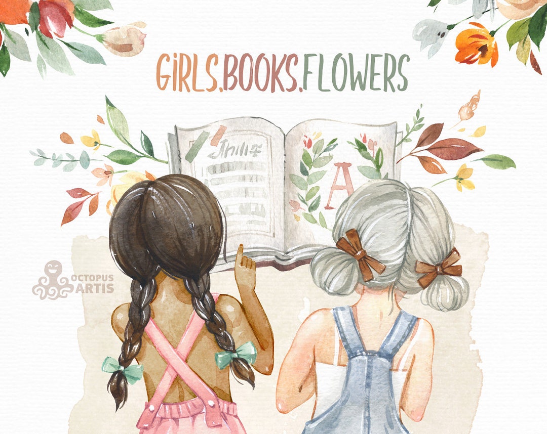 Girls. Books. Flowers. Watercolor Clipart, Besties, Little Girl, Floral ...