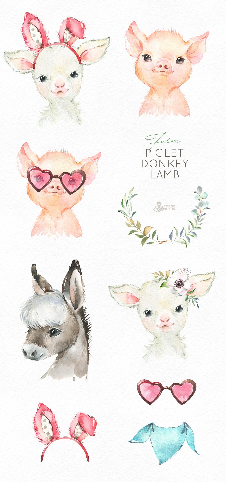 Farm Piglet Donkey Lamb. Watercolor Little Animals Clipart - Etsy