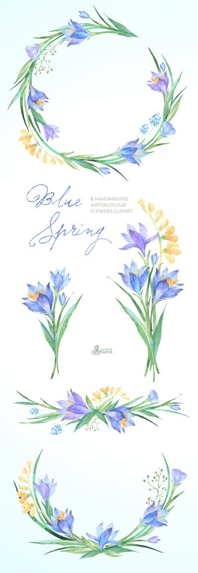 Blue Spring Watercolour Flowers Clipart. Handpainted | Etsy