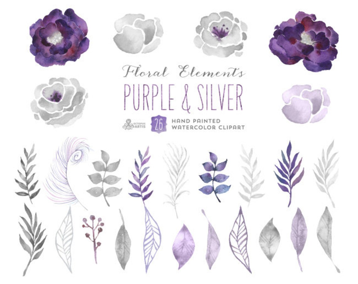 Purple & Silver: 26 Floral Elements. Digital Clipart. Hand - Etsy