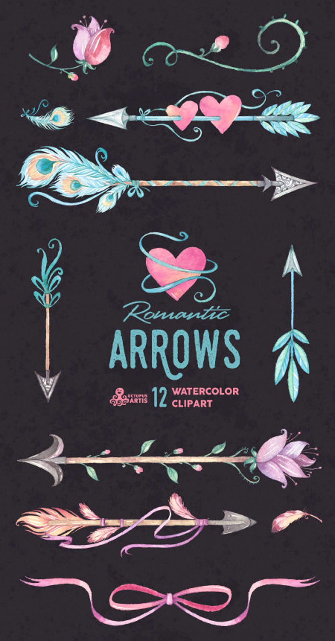 Romantic Arrows Watercolor Clipart. 12 Hand Painted Elements - Etsy