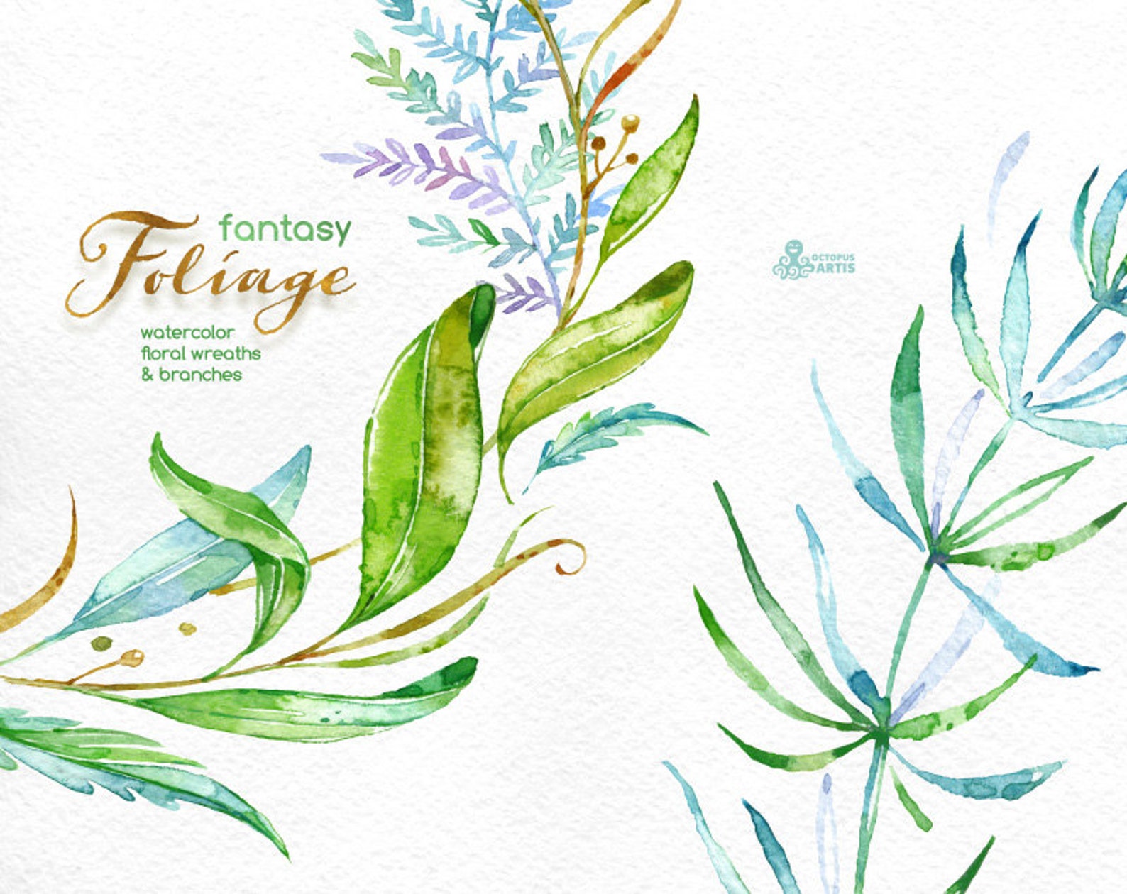 Fantasy Foliage. Watercolor Floral Wreaths, Branches, Leaves, Wedding ...