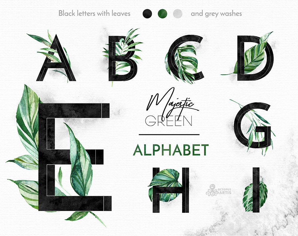 Majestic Green. Black Alphabet. 35 Uppercase Letters Designs | Etsy