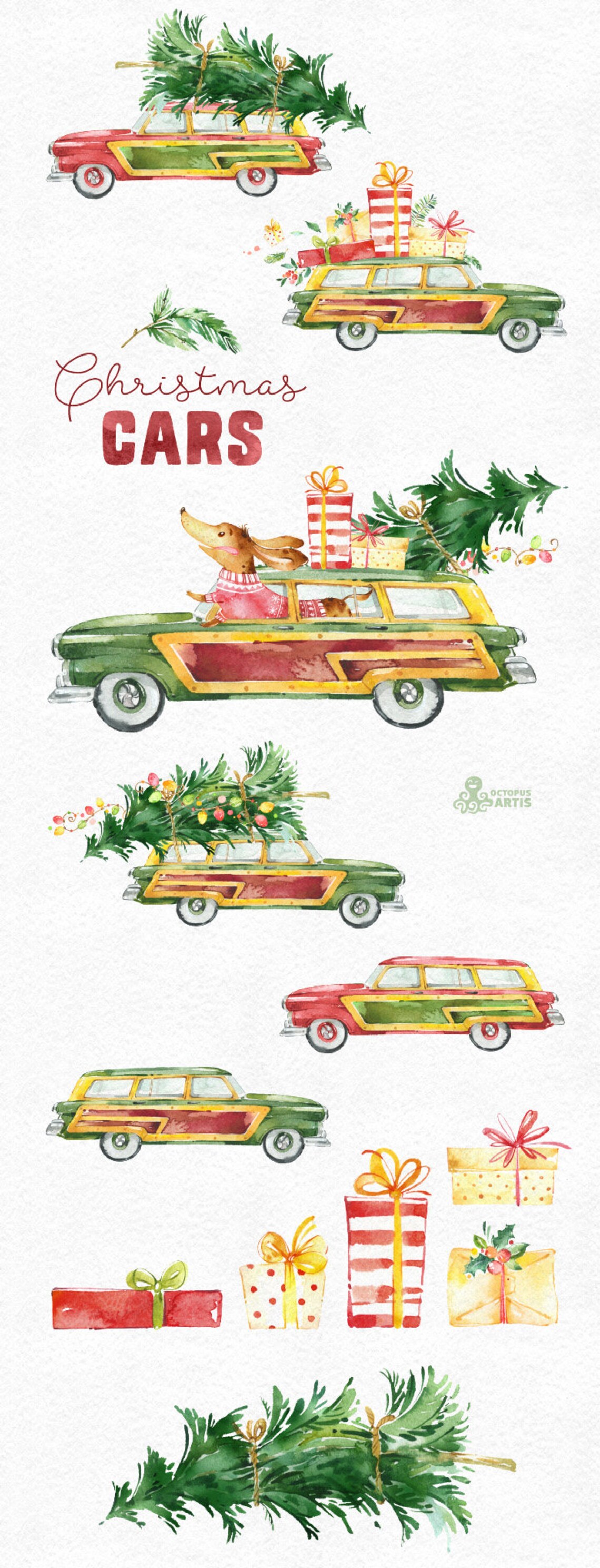 Christmas Cars. Watercolor Holiday Clipart Dog Fun Gifts - Etsy