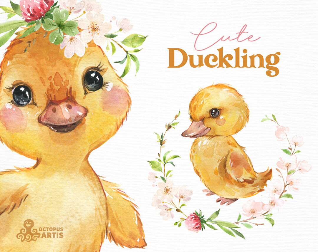 Cute Duckling Yellow. Watercolor Little Animals and Floral Clipart ...