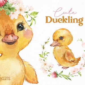 Cute Duckling Yellow. Watercolor Little Animals and Floral Clipart ...