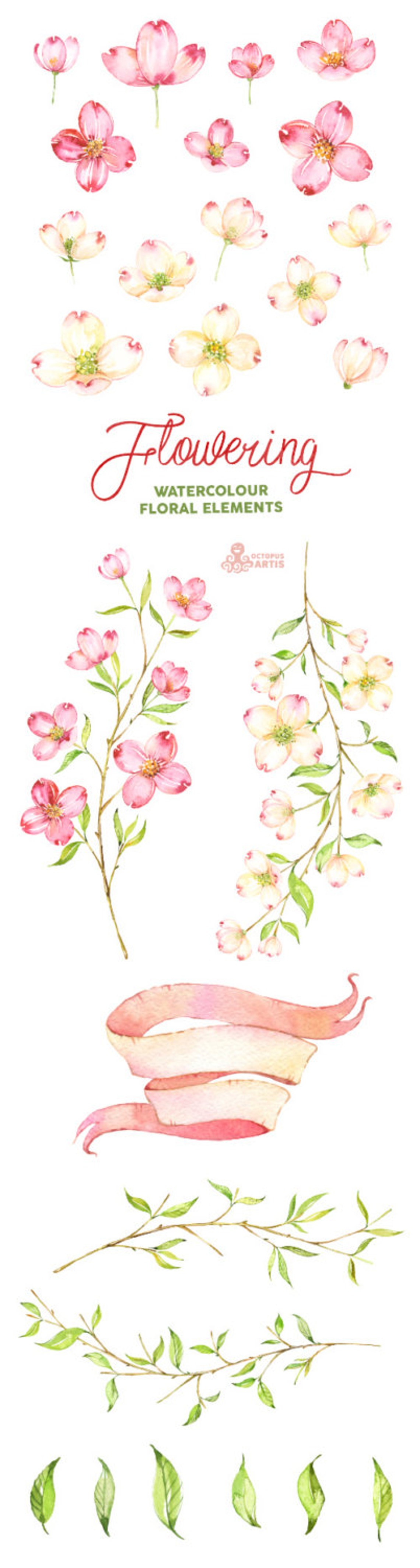 Flowering Elements. Watercolor Clipart Flowers Leaves - Etsy Canada