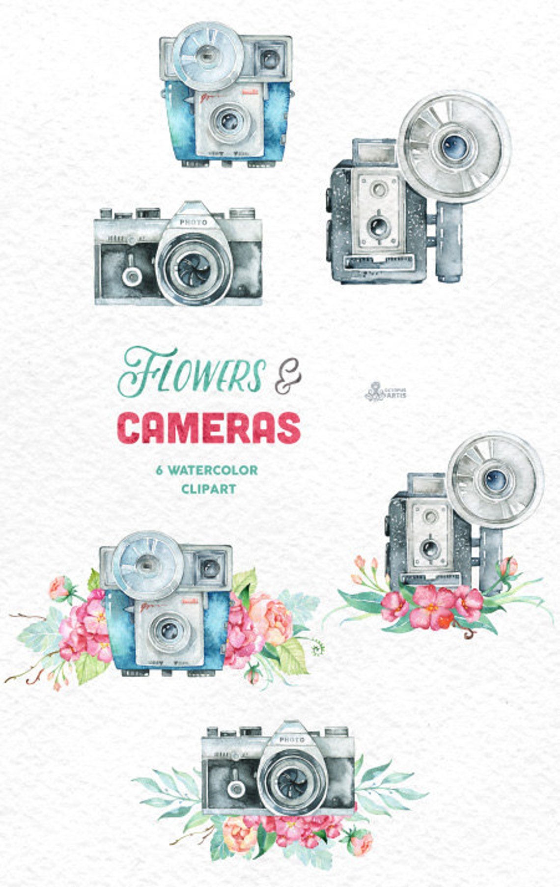 Flowers & Cameras. 6 Handpainted Clipart Invitation - Etsy