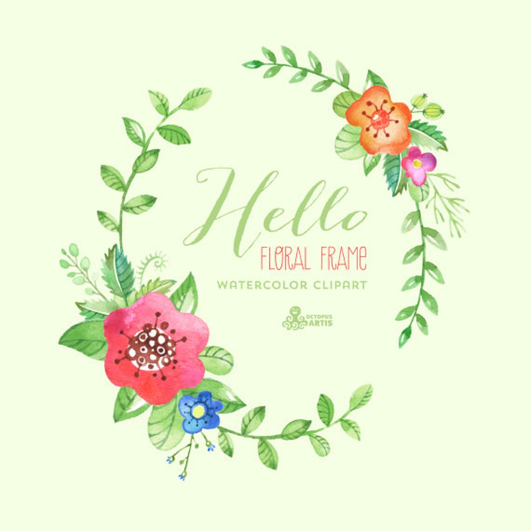 Hello Floral Frame Clipart. Handpainted Watercolor, Wedding, Spring ...
