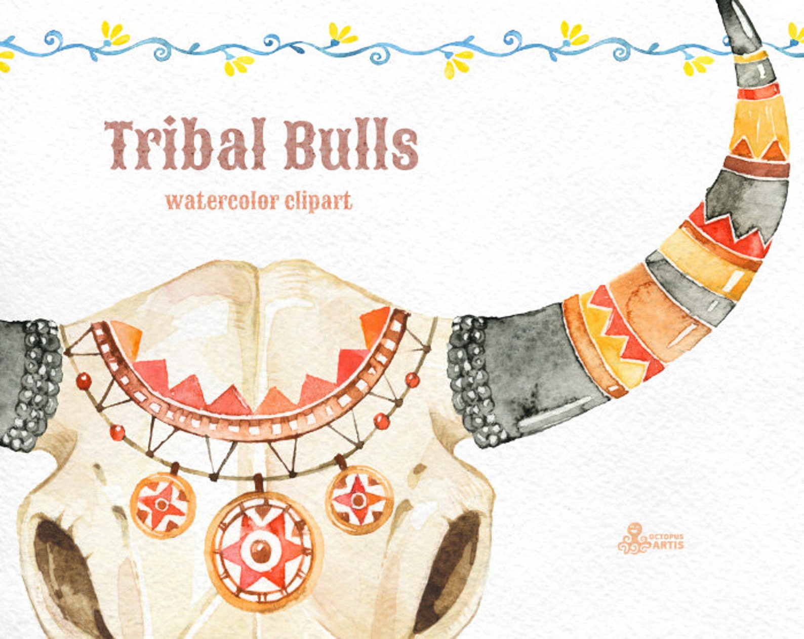 Tribal Bulls. Watercolor Hand Painted Clipart. 4 Skulls With - Etsy