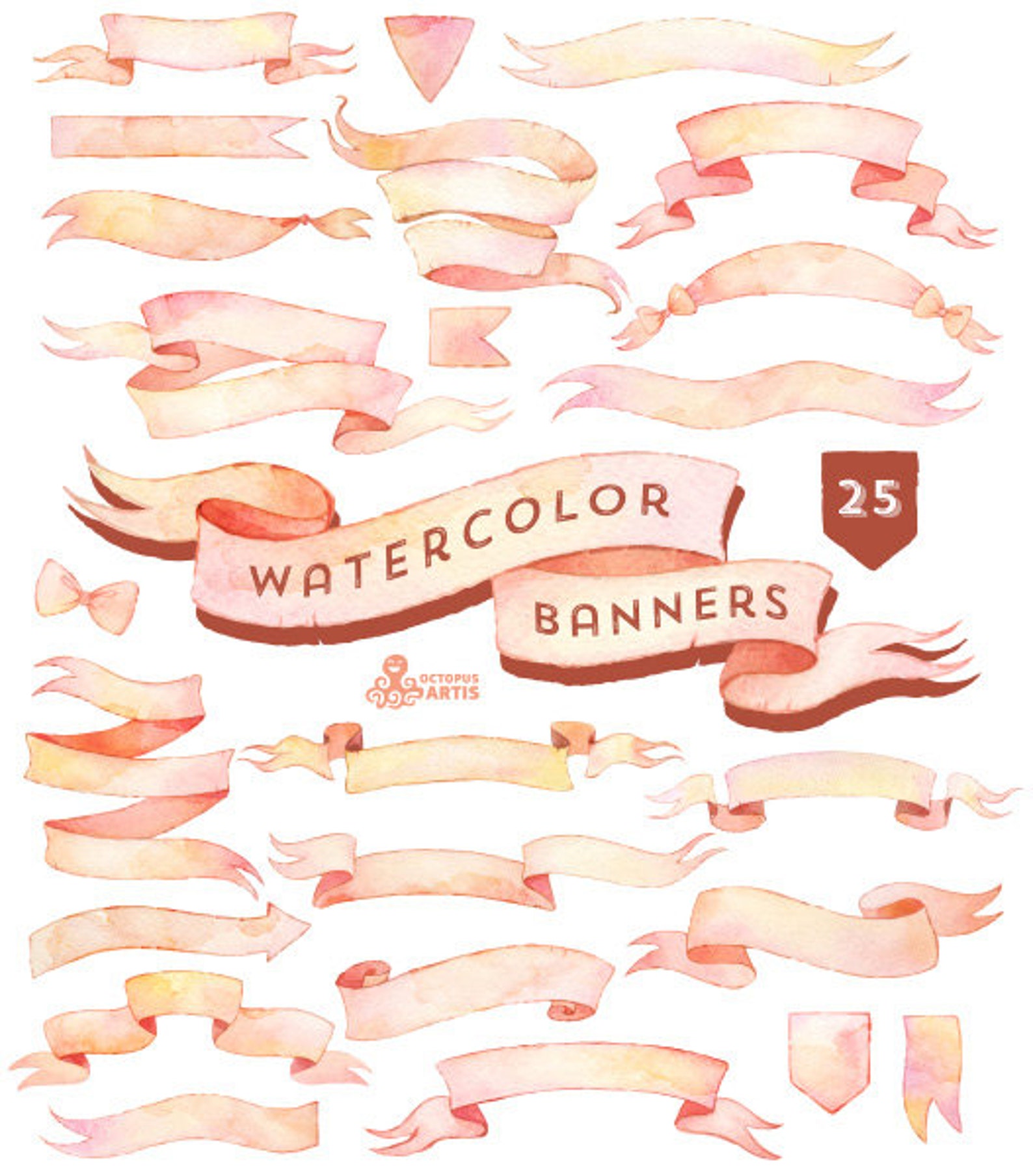 Watercolor Banners Ribbons Clipart: 25 Digital Files. Light - Etsy