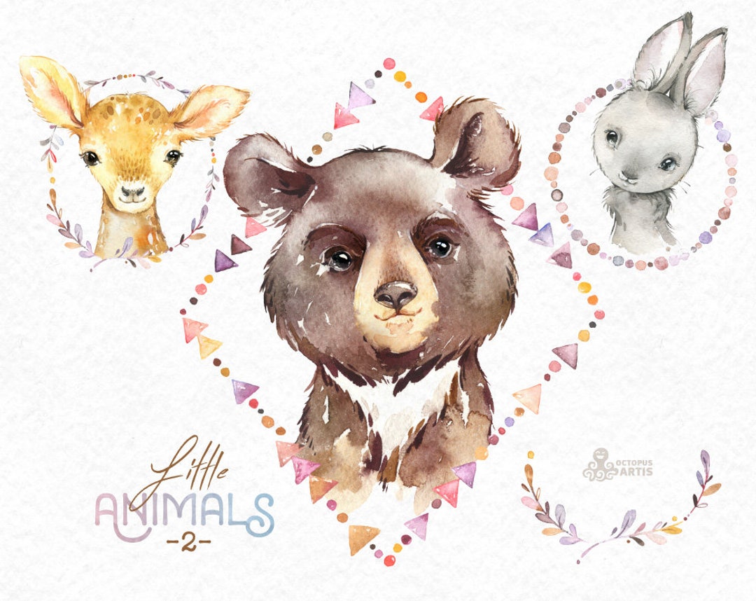 Little Animals 2. Watercolor Clipart, Bear, Bunny, Deer, Wreath, Frame ...