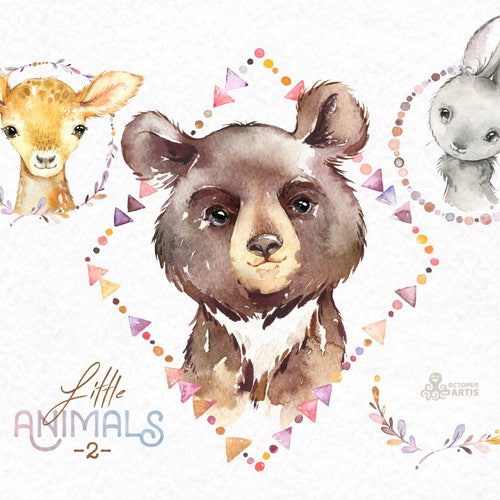 Little Animals 2. Watercolor Clipart Bear Bunny Deer - Etsy