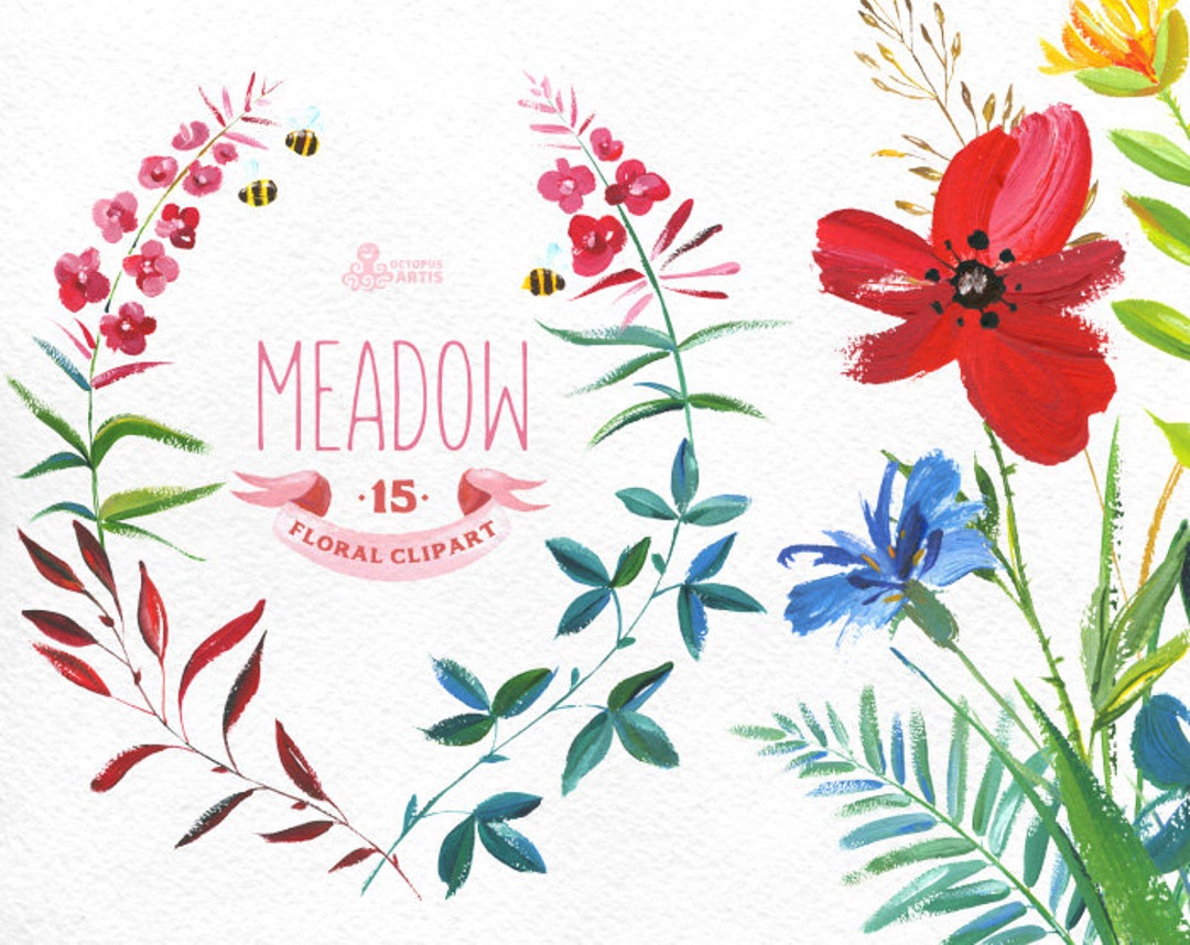 Meadow Clipart. 15 Handpainted Wreaths, Bouquets, Borders, Ribbon ...