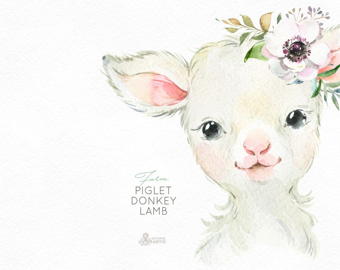 Farm Piglet Donkey Lamb. Watercolor Little Animals Clipart - Etsy