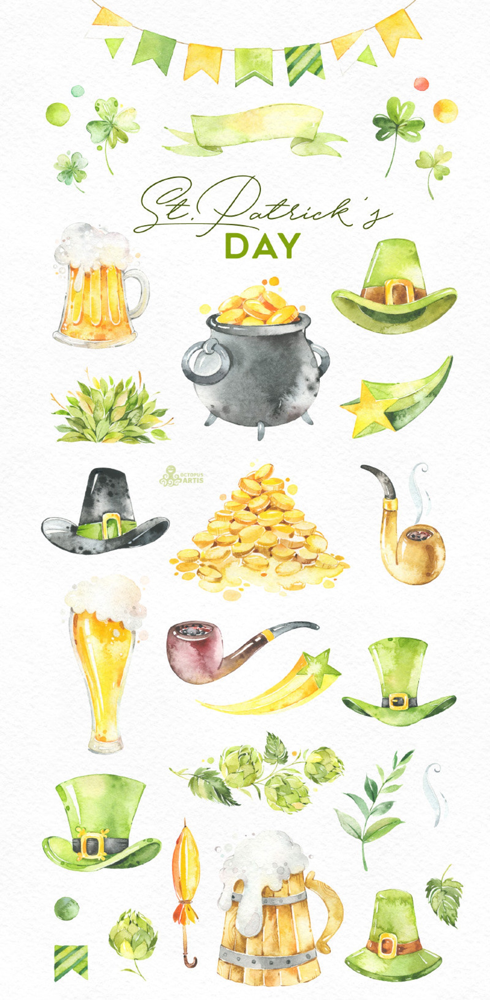 St. Patrick's Day. Watercolor Clipart Irish Green - Etsy