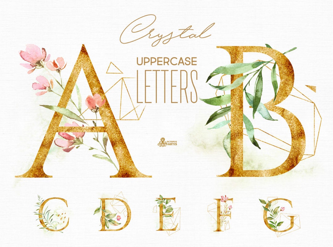 Crystal. Letters. Watercolor Floral & Alphabet Pre-made Clipart, Leaf ...