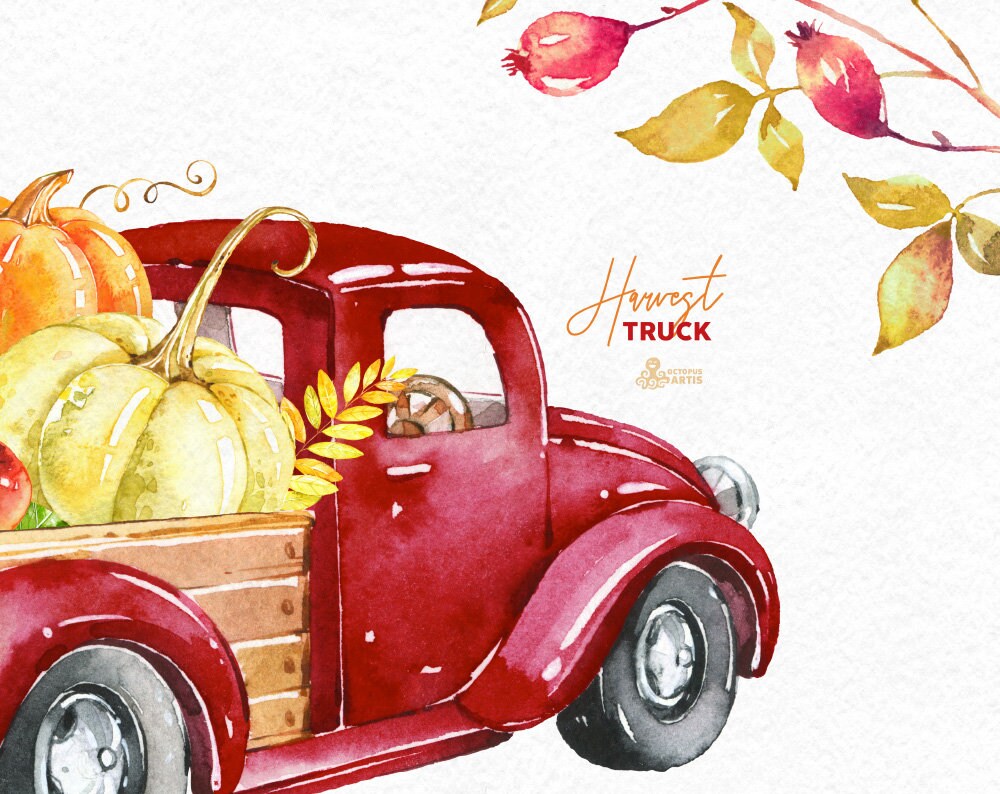 Harvest Truck. Watercolor Autumn Clipart Pumpkins Car - Etsy