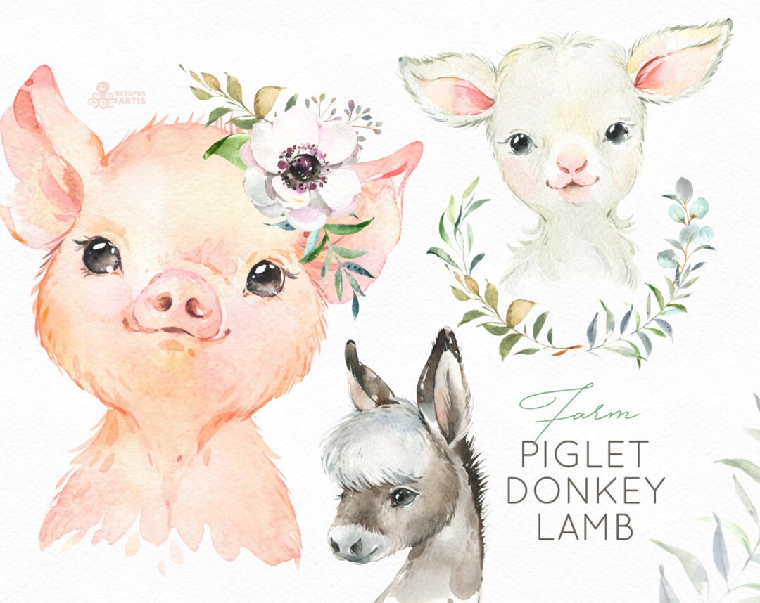 Farm Piglet Donkey Lamb. Watercolor Little Animals Clipart, Baby Pig ...