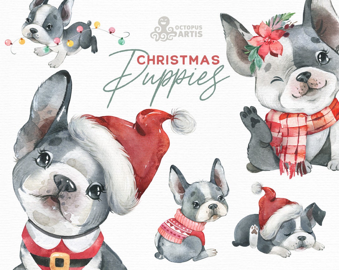 Puppies Christmas. Watercolor Little Animal Clipart, Frenchies, French ...