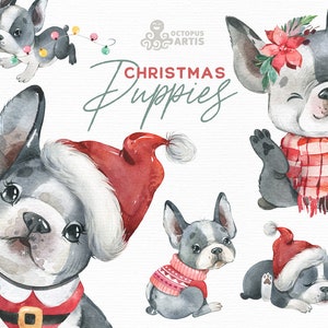 Puppies Christmas. Watercolor Little Animal Clipart, Frenchies, French ...