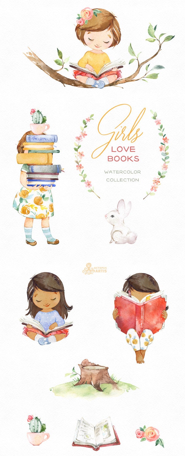 Girls Love Books Watercolor Clipart Reading Flowers | Etsy