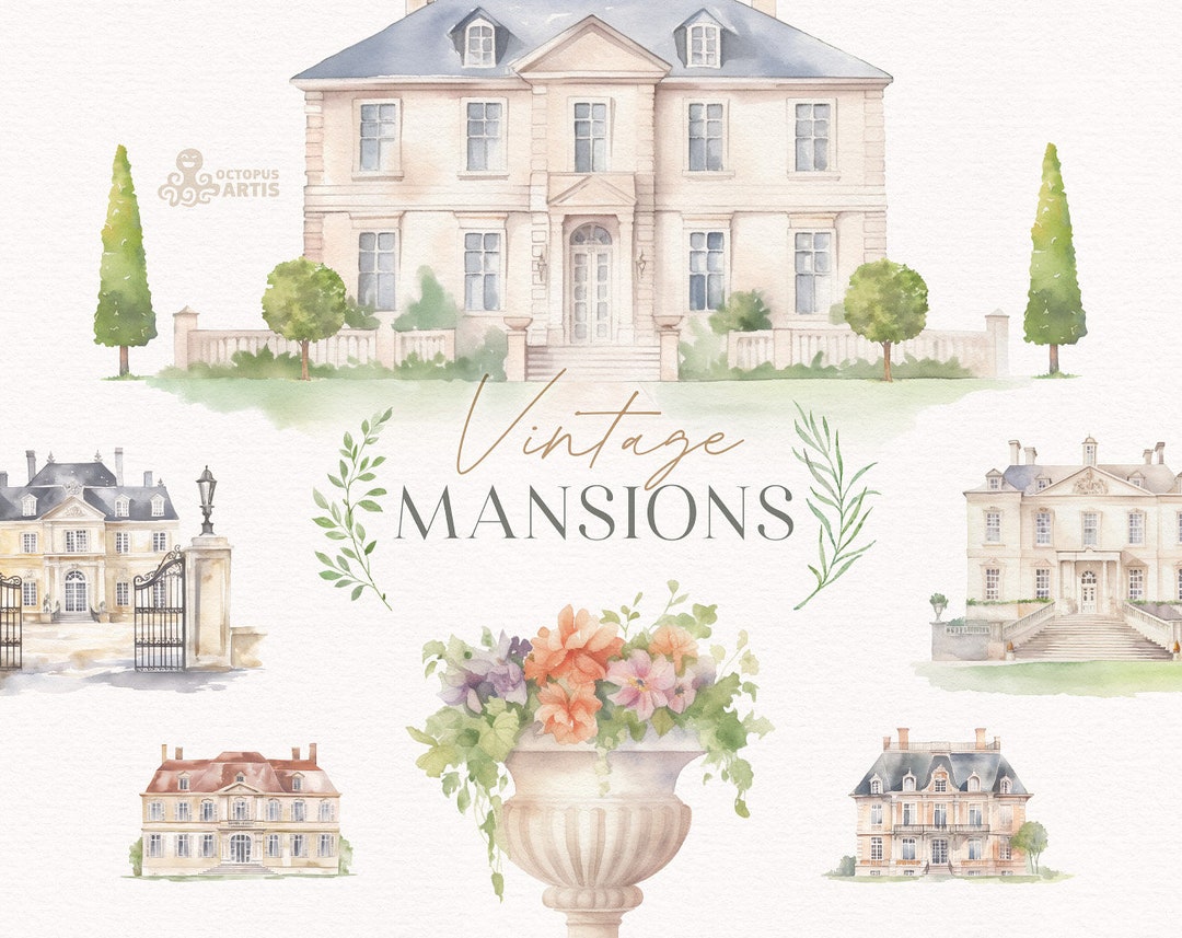 Vintage Mansions. Watercolor Clipart, Manor Houses, Cottage ...
