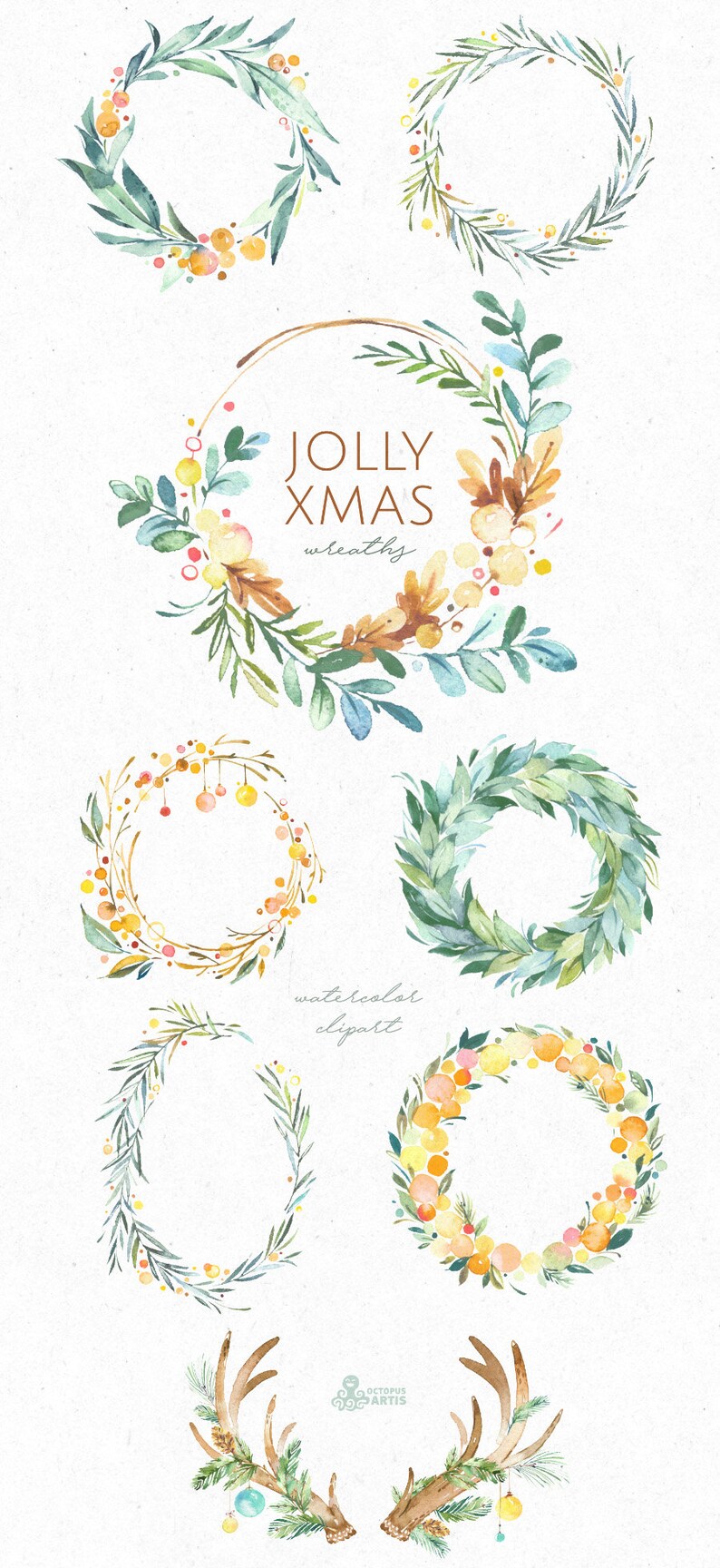 Jolly Xmas Wreaths. Watercolor Holiday Floral Clipart - Etsy