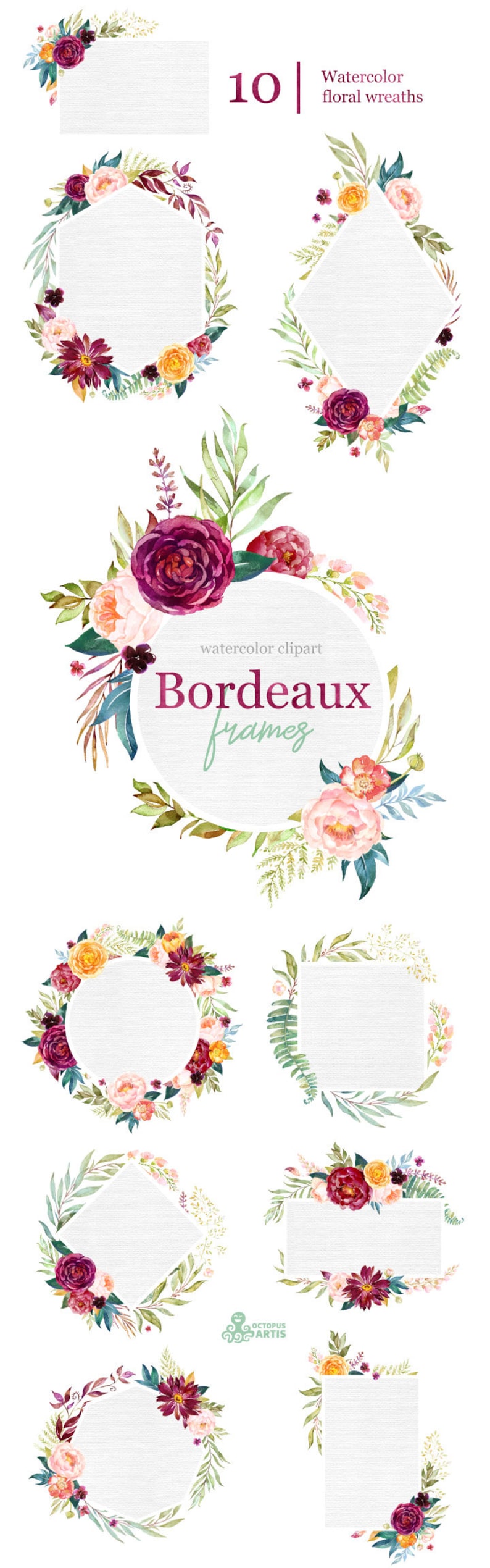 Bordeaux. Frames Watercolor Floral Clipart Burgundy Maroon - Etsy