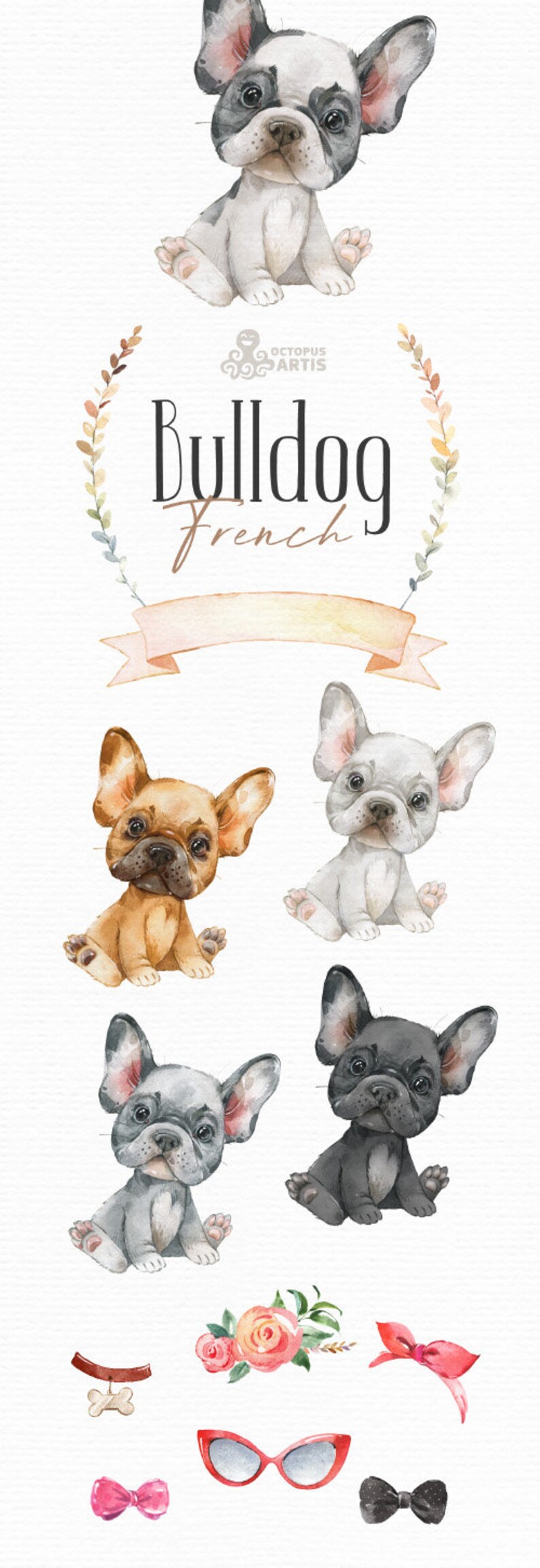 French Bulldog. Watercolor Little Animal Clipart Frenchies | Etsy