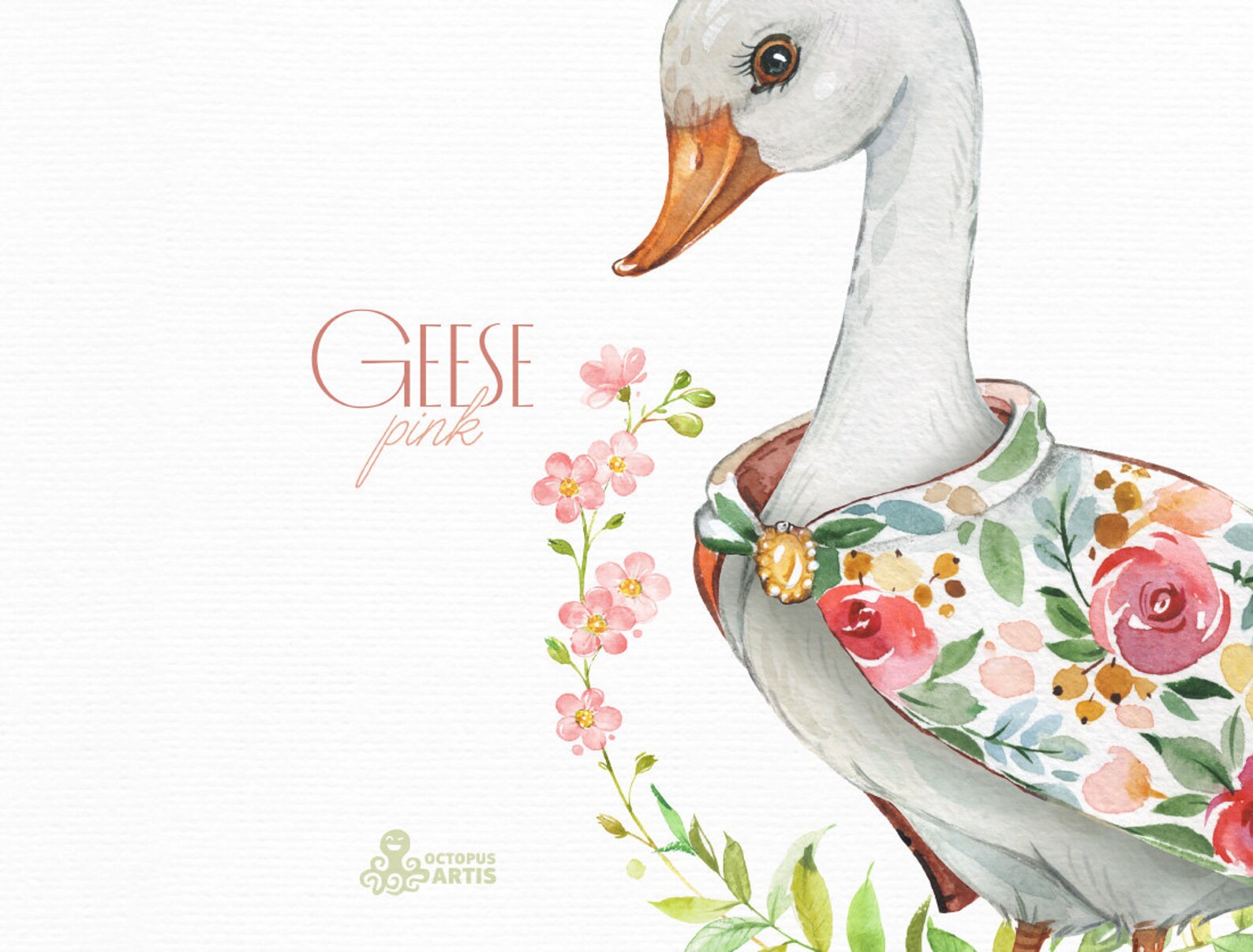 Geese Pink. Watercolor Animals and Floral Clipart Goose - Etsy