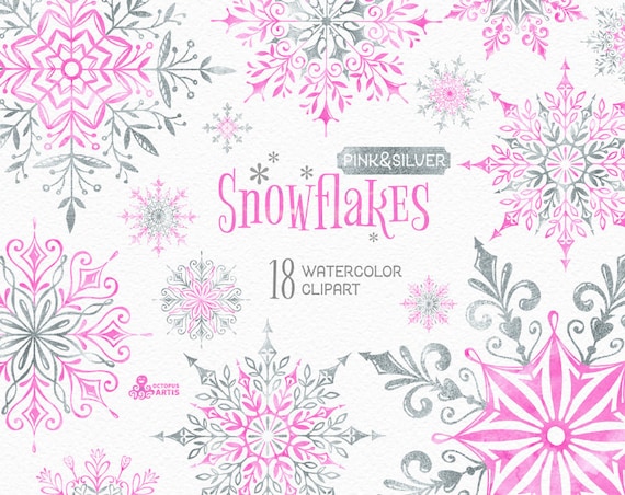 Snowflakes Pink & Silver. 18 Watercolor separate Elements | Etsy