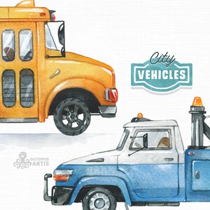 City Vehicles. Watercolor Clipart, Garbage Truck, School Bus, Taxi, Tow ...
