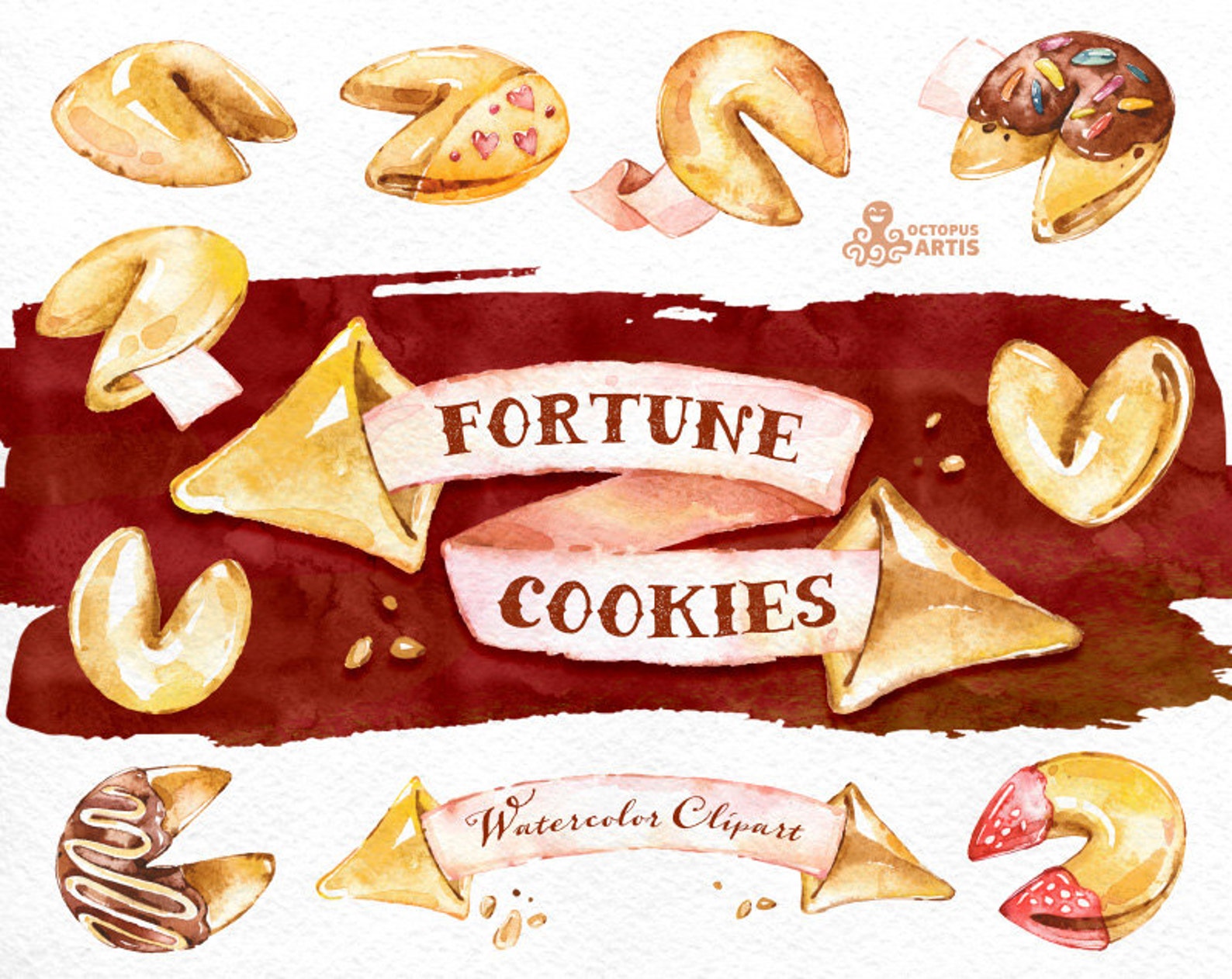 Fortune Cookies. Watercolor Clip Art. Banners Papers - Etsy