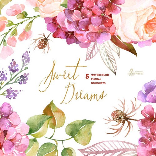 Sweet Dreams: 5 Watercolor Bouquets Hydrangea Roses Poppy - Etsy