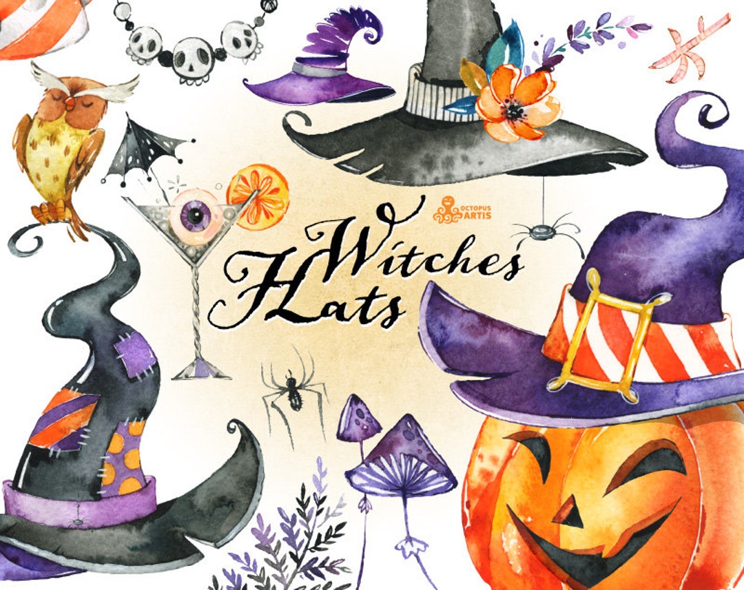 Witches Hats. Watercolor Halloween Clipart, Handpainted, Pumpkin ...