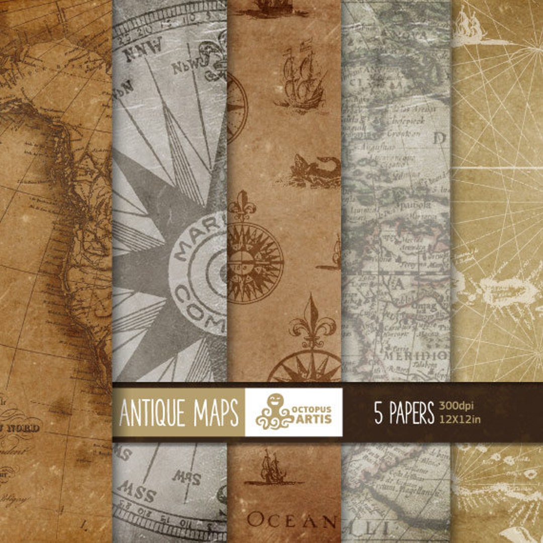 Antique Maps: 5 Digital Paper Pack. Vintage, Textured, Patterns ...
