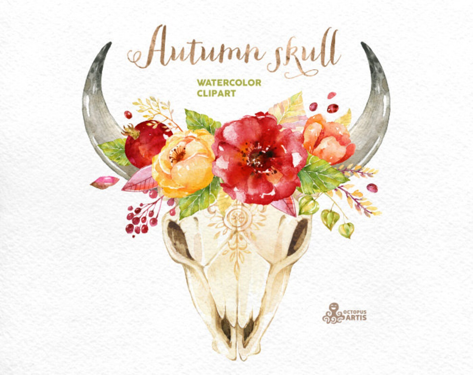 Autumn Skull. Watercolor Skulls With Antlers and Flowers Hand - Etsy UK