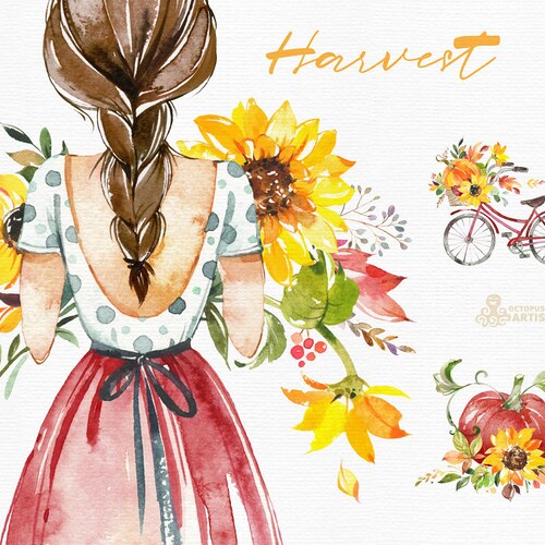 Little Autumn 2. Watercolor Clipart Cute Girl Fall Flowers | Etsy